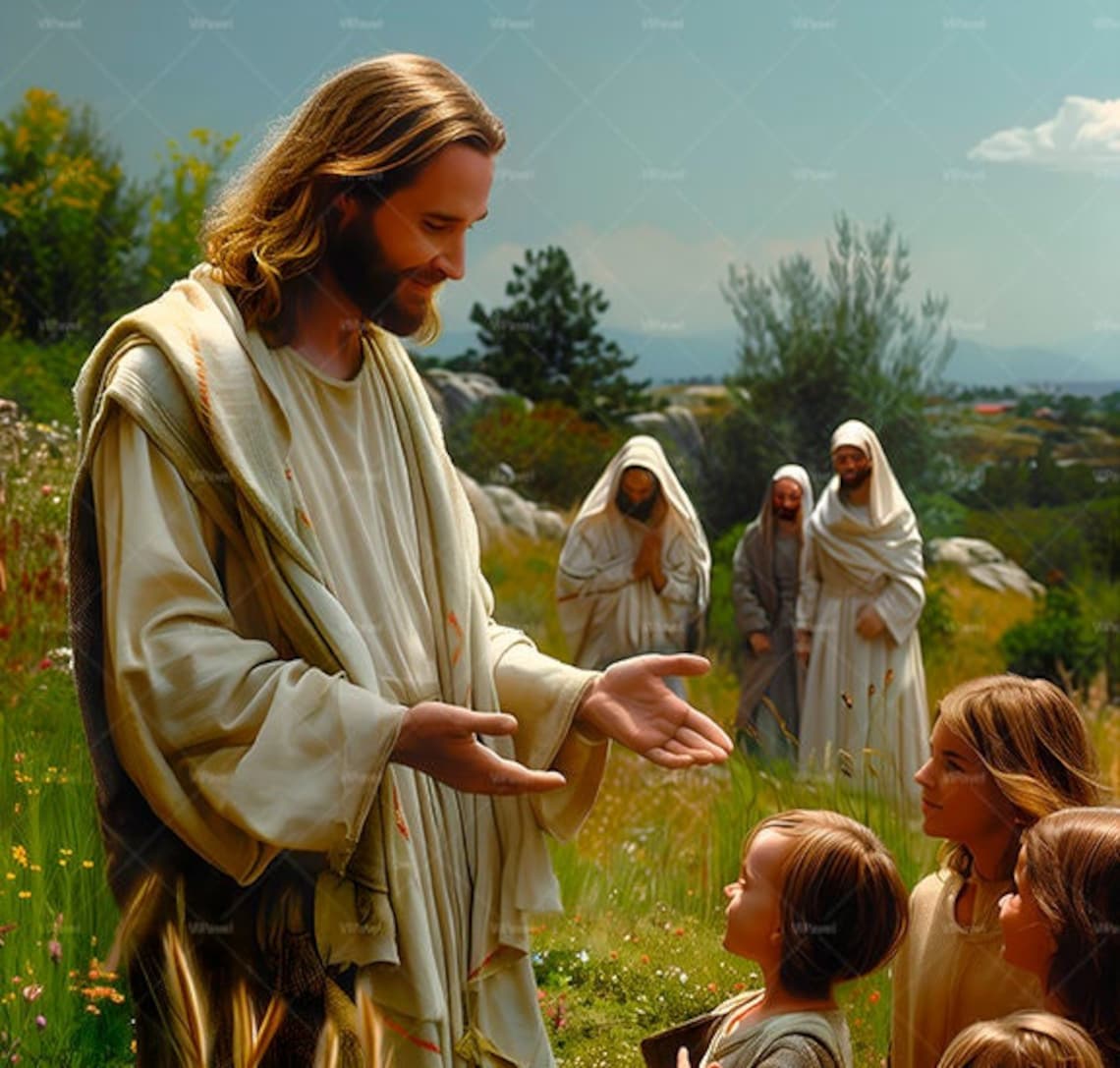 Heavenly Touch: Jesus Blesses the Little Ones - Digital Art. 300 DPI ...