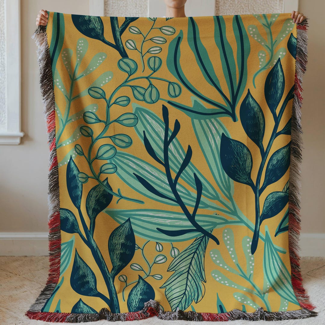 Boho Green Plants Woven Throw Blanket: Cotton Fringed Edges - Etsy