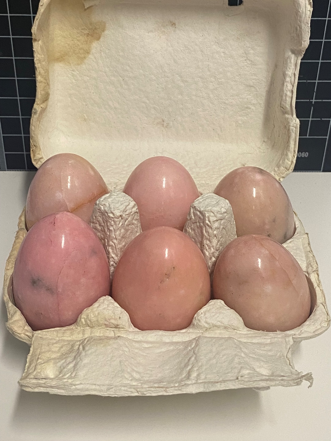 Set of 6 Hand Craved Pinkish Alabaster Eggs With Different Colors ...