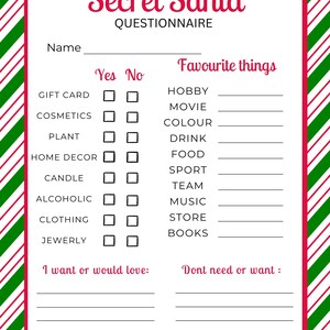 Secret Santa Questionnaire, Christmas Gift Exchange (digital Download ...