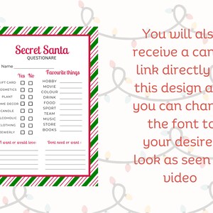 Secret Santa Questionnaire, Christmas Gift Exchange (digital Download ...