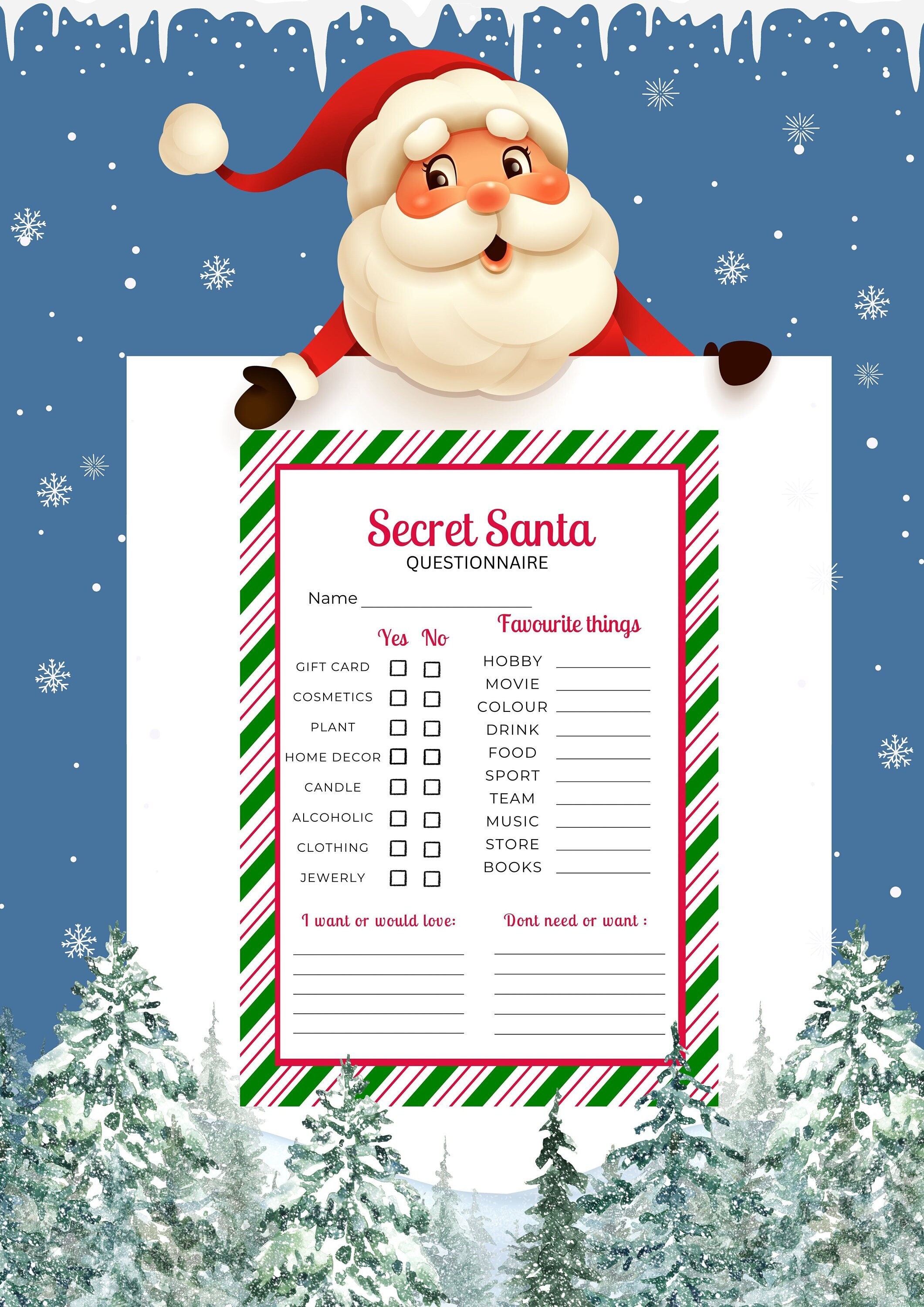 Secret Santa Questionnaire for Colleagues . Editable Digital Download ...