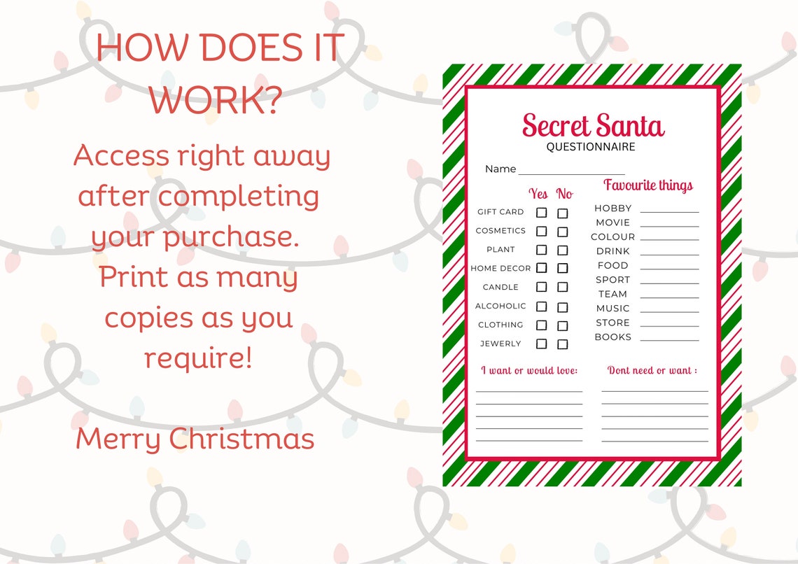Secret Santa Questionnaire, Christmas Gift Exchange (digital Download ...