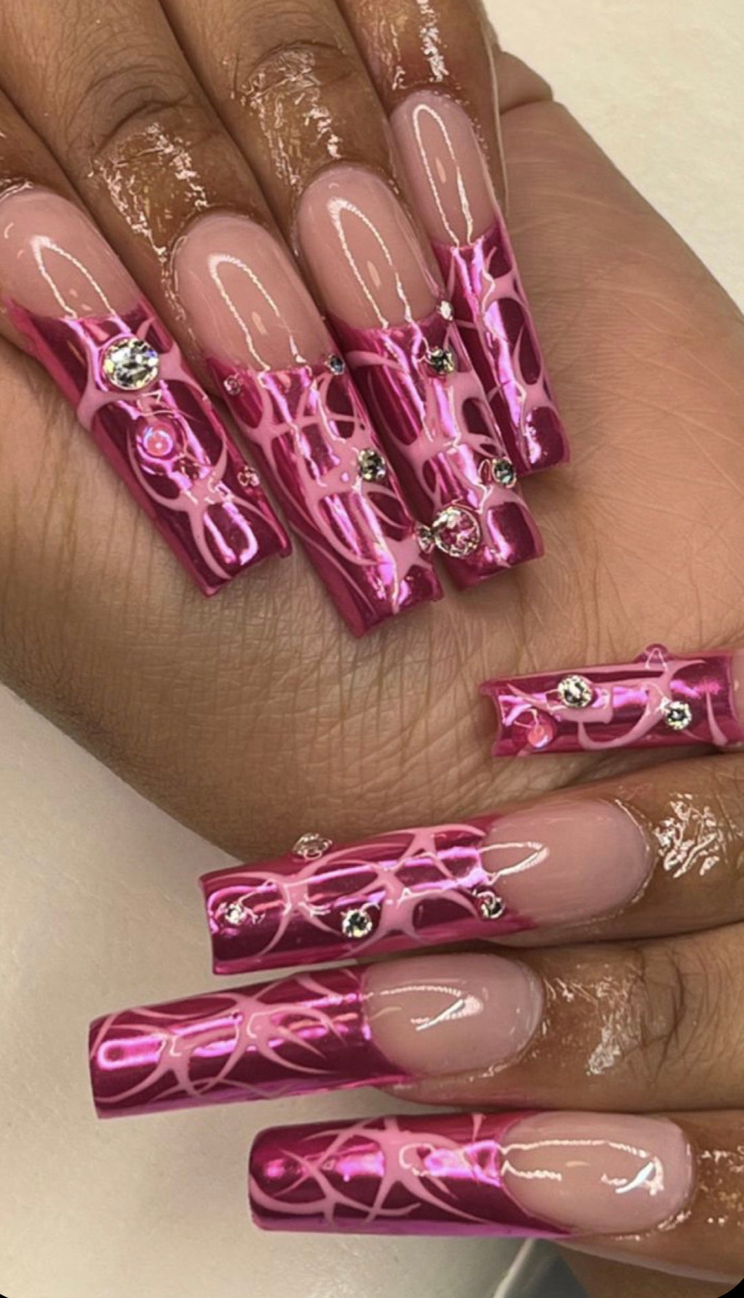 Chrome Press on Nails Hand-painted Magenta French Chrome Nails With ...