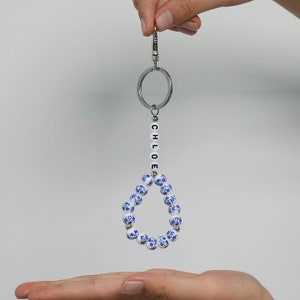 Personalized Name Beaded Keychain, Blue White Porcelain Beads Keychain ...