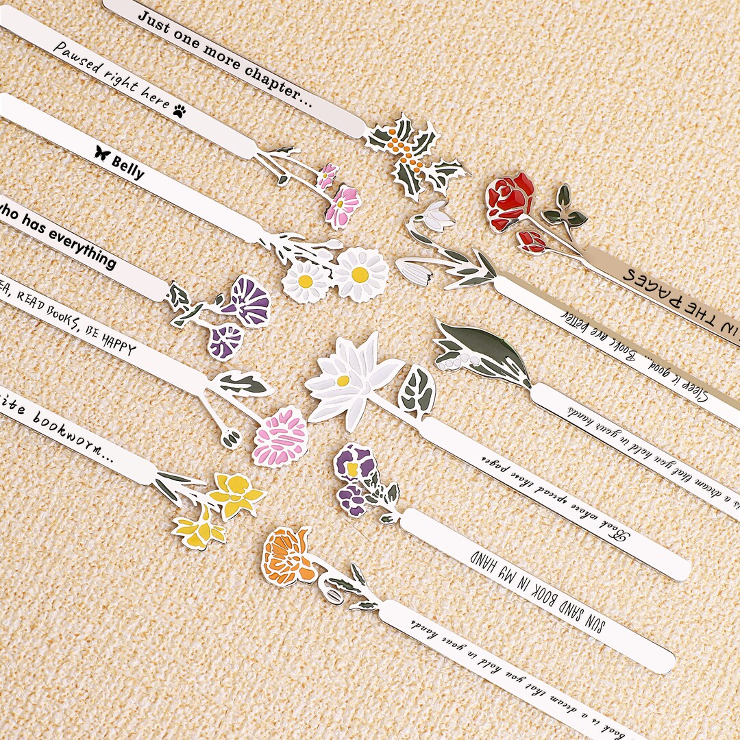 Personalized Birth Flower Metal Bookmark, Thoughtful Birthday Bookworm ...