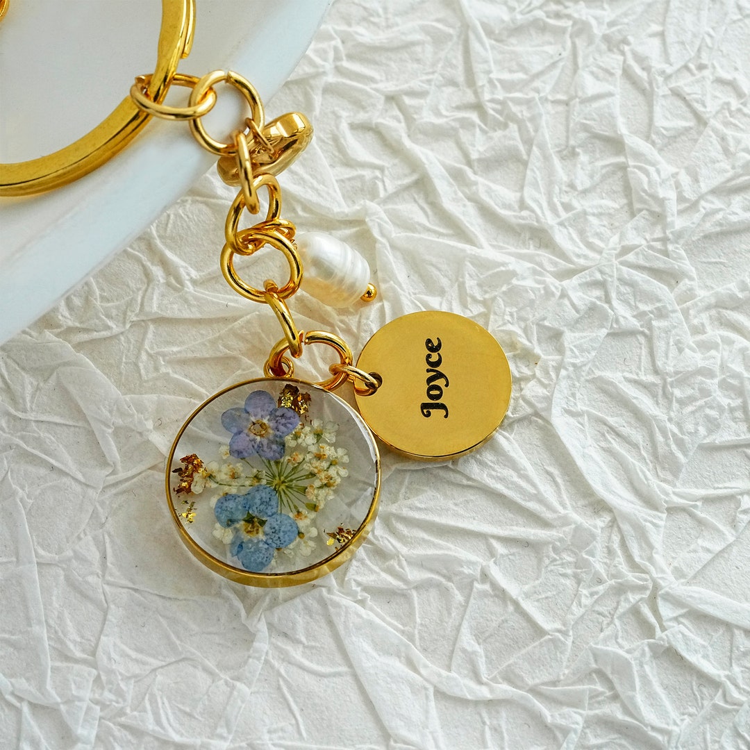 Personalized Forget-me-not Flower Gold Plate Keychain, Engraved Double ...