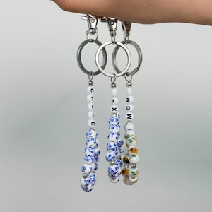 Personalized Name Beaded Keychain, Blue White Porcelain Beads Keychain ...