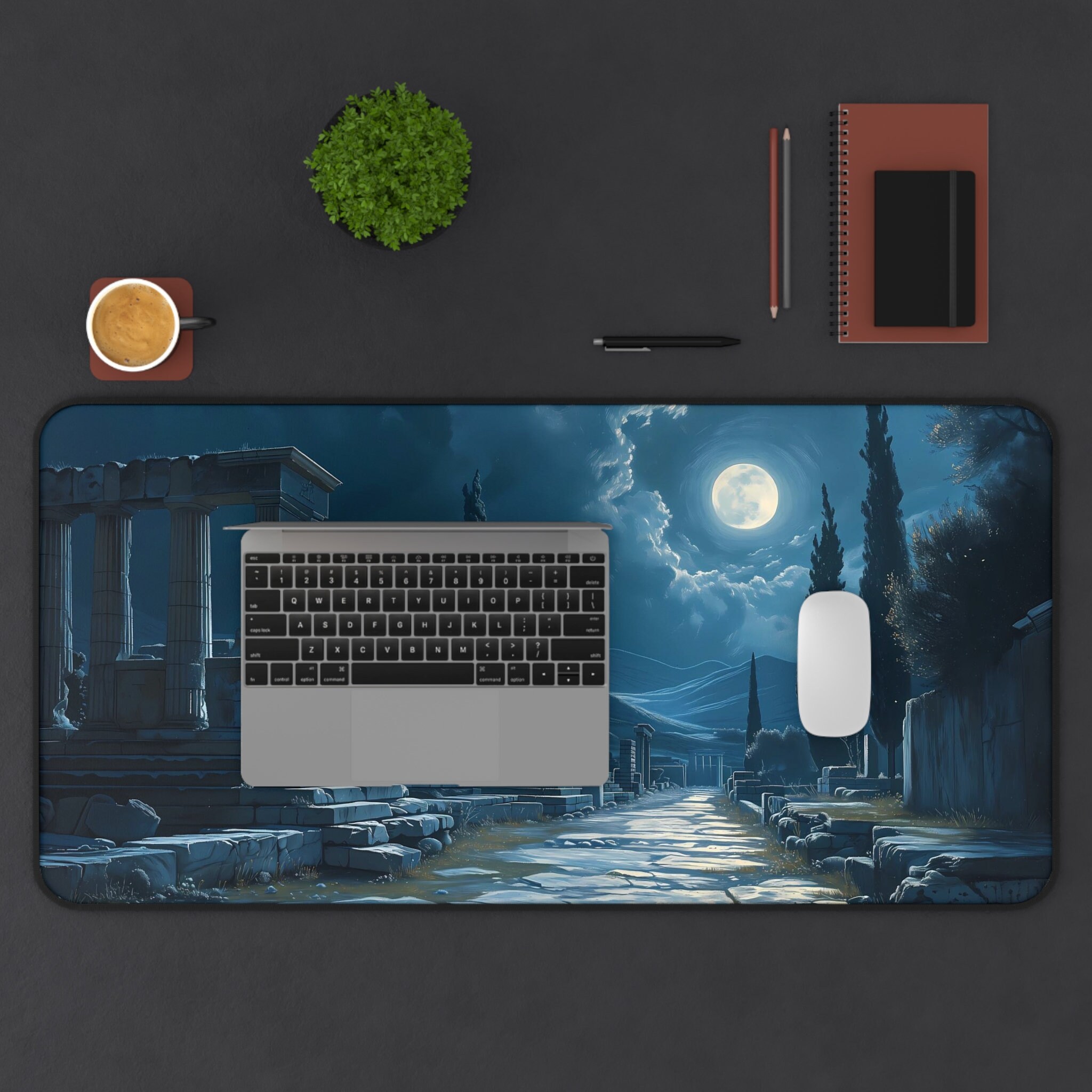 Greek Ruins at Night Desk Mat, Full Moon Landscape Mousepad XXL, Anti ...