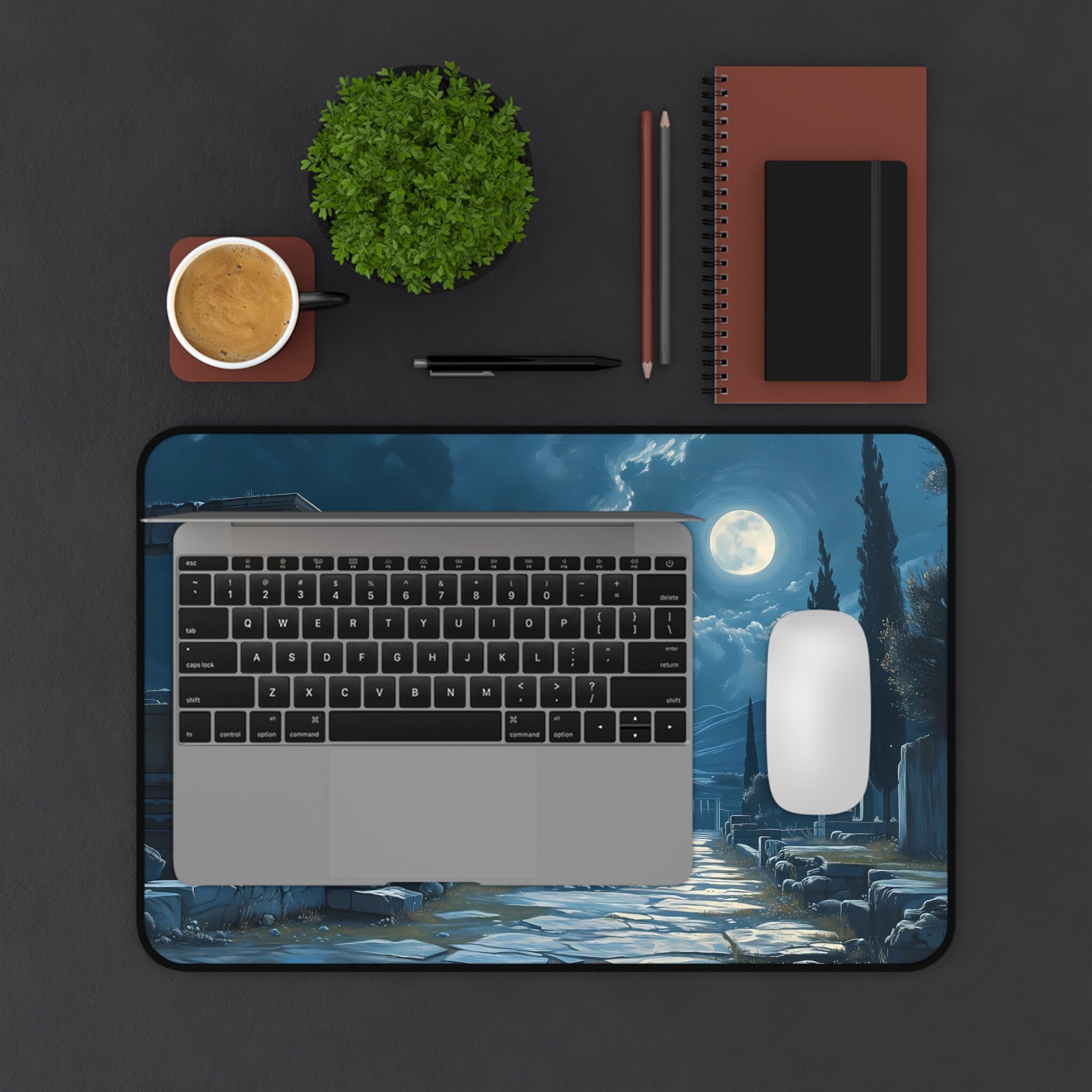 Greek Ruins at Night Desk Mat, Full Moon Landscape Mousepad XXL, Anti ...