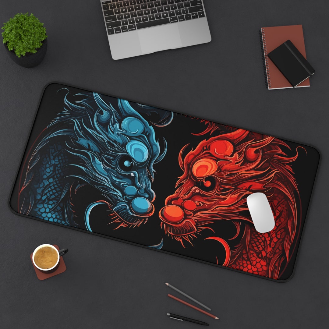 Twin Dragons Desk Mat, Japanese Mythology Mouse Pad XXL, Anti-slip Blue ...