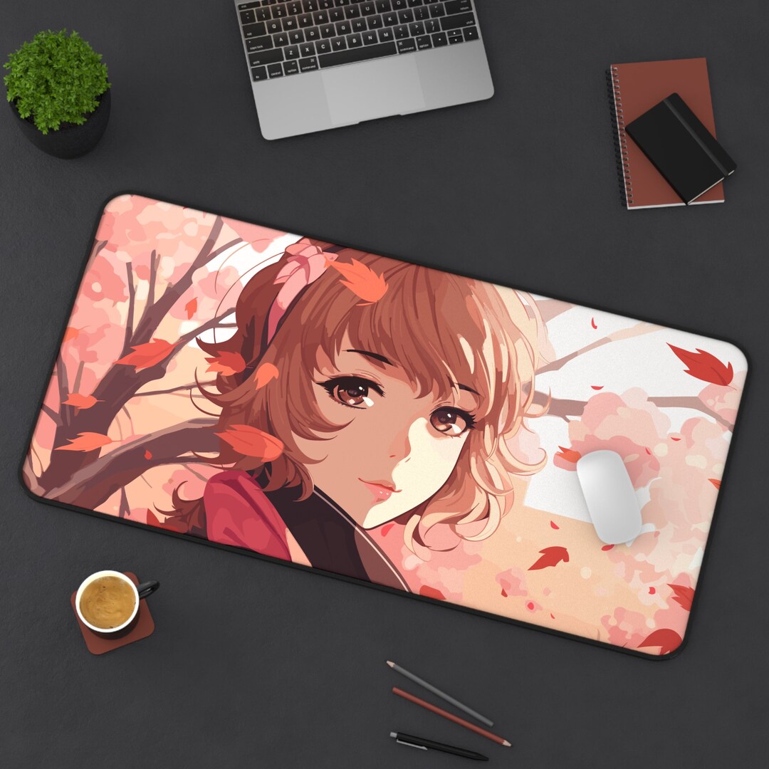 Anime Girl Desk Mat, Sakura Leaves Pink Mouse Pad XXL, Anti-slip ...