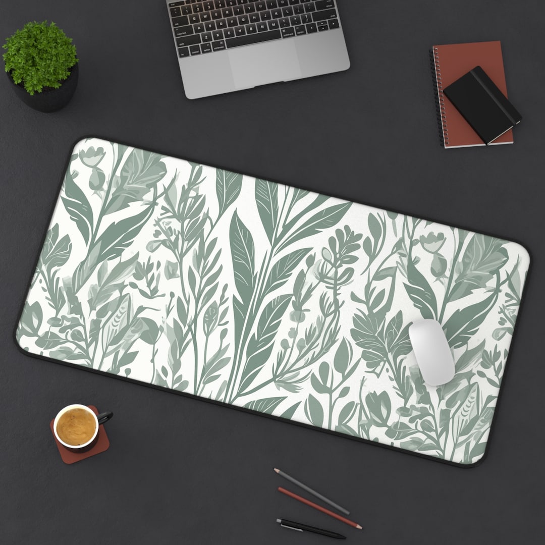 Sage Green Leaves Desk Mat, White and Green Mouse Pad XXL, Keyboard ...