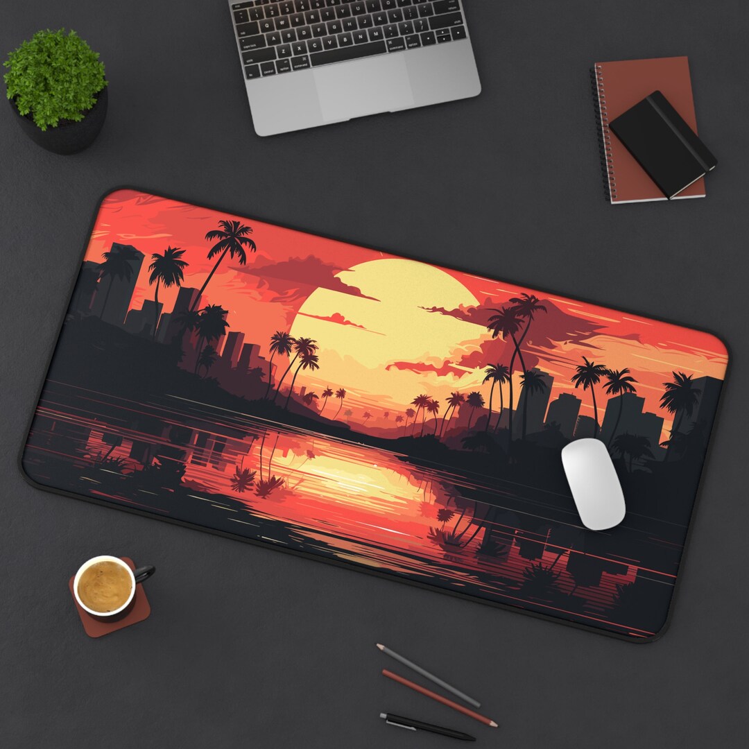 Miami City Desk Mat, Retro Palm Trees Mouse Pad XXL, Sunset Art Anti ...