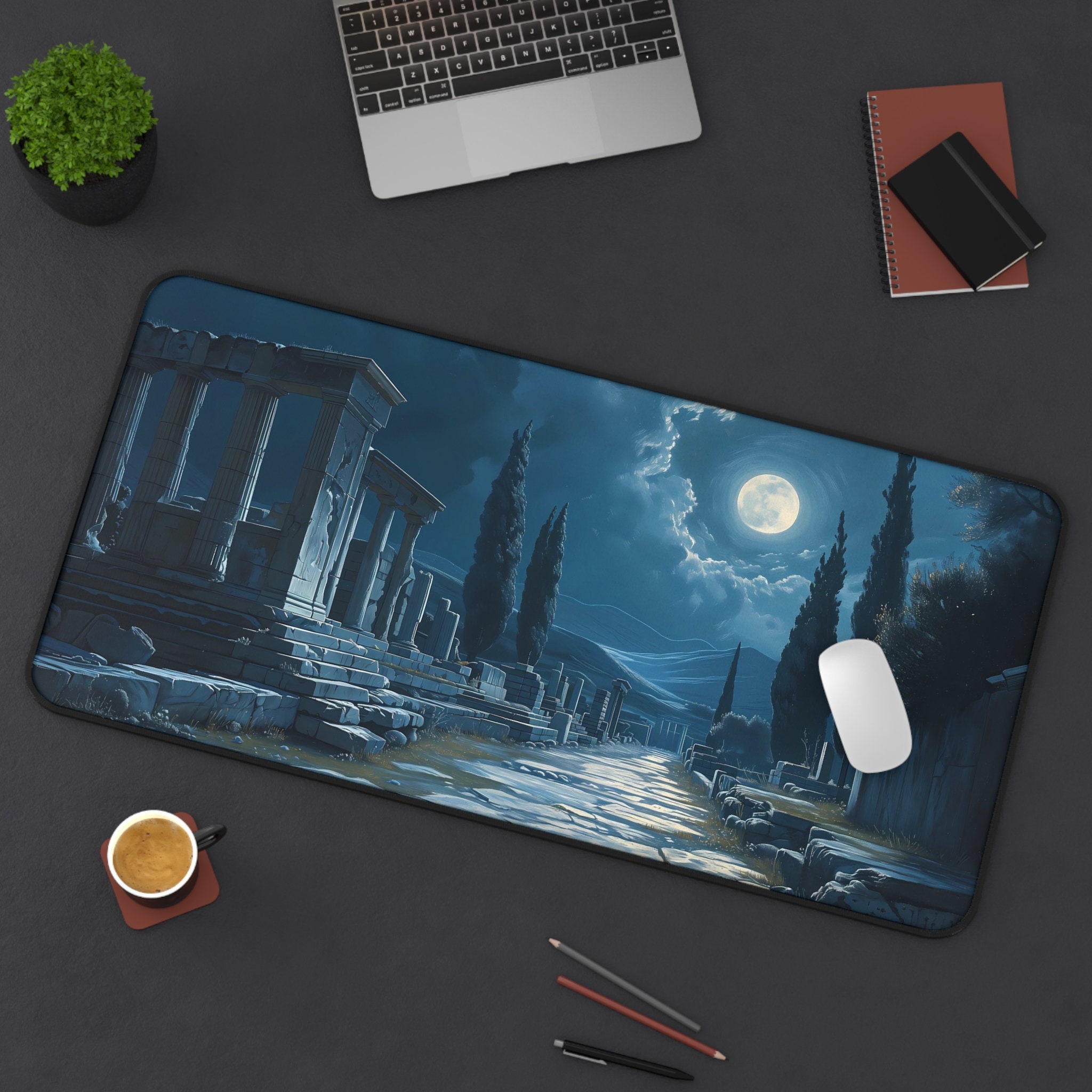 Greek Ruins at Night Desk Mat, Full Moon Landscape Mousepad XXL, Anti ...