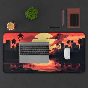 Miami City Desk Mat, Retro Palm Trees Mouse Pad XXL, Sunset Art Anti ...