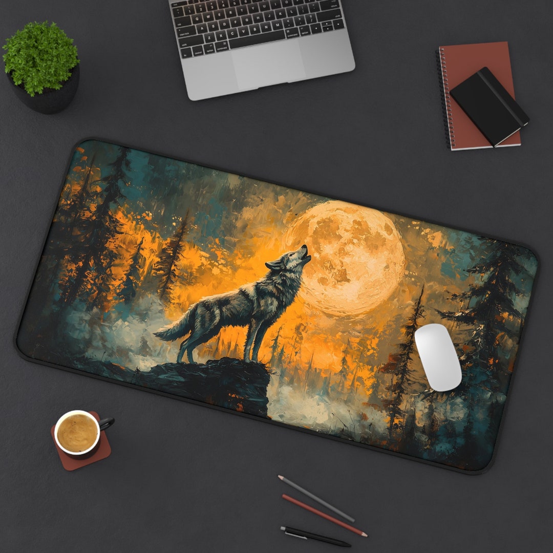 Howling Wolf Desk Mat, Full Moon Forest Mouse Pad XXL, Anti-slip Gaming ...