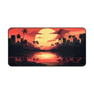 Miami City Desk Mat, Retro Palm Trees Mouse Pad XXL, Sunset Art Anti ...