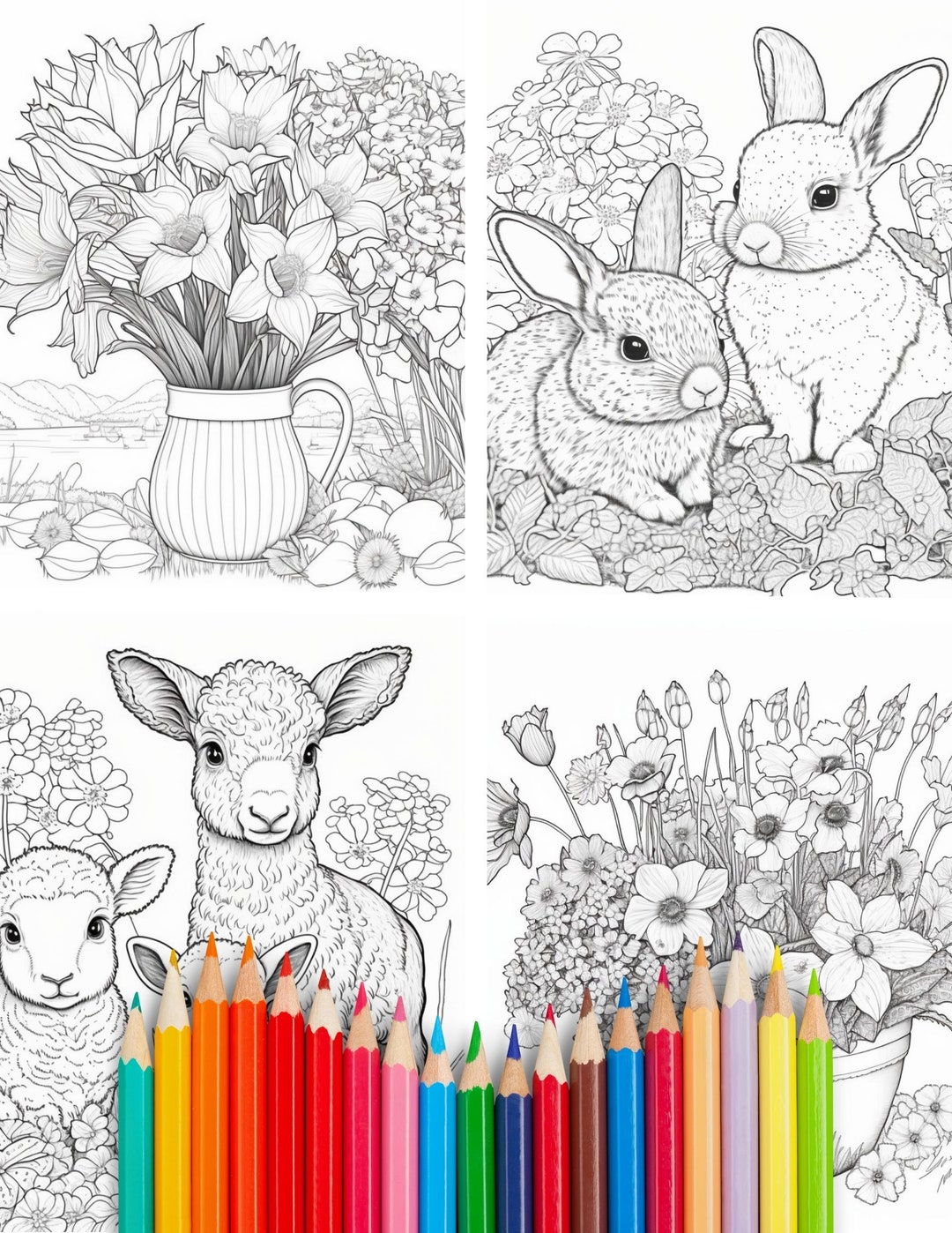 Easter Coloring Pages Instant Download, Bunnies, Chicks, Lambs Coloring ...
