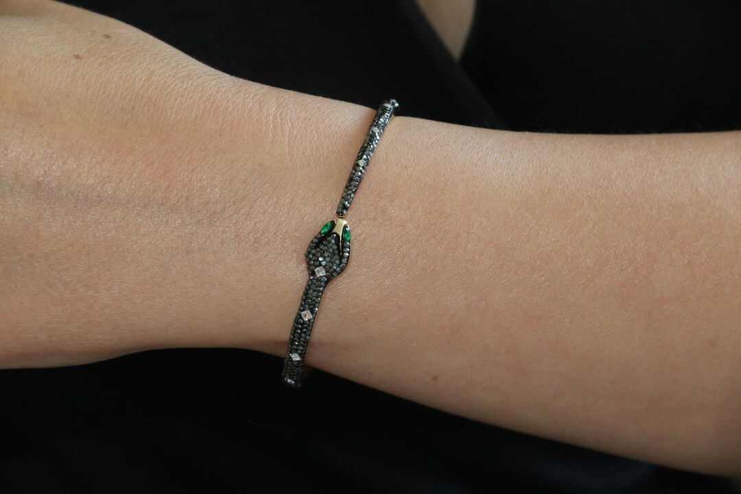 Green-eyed Snake Bracelet With Black Stones - Handmade Adjustable Wrap Cuff for Women - Boho and ...