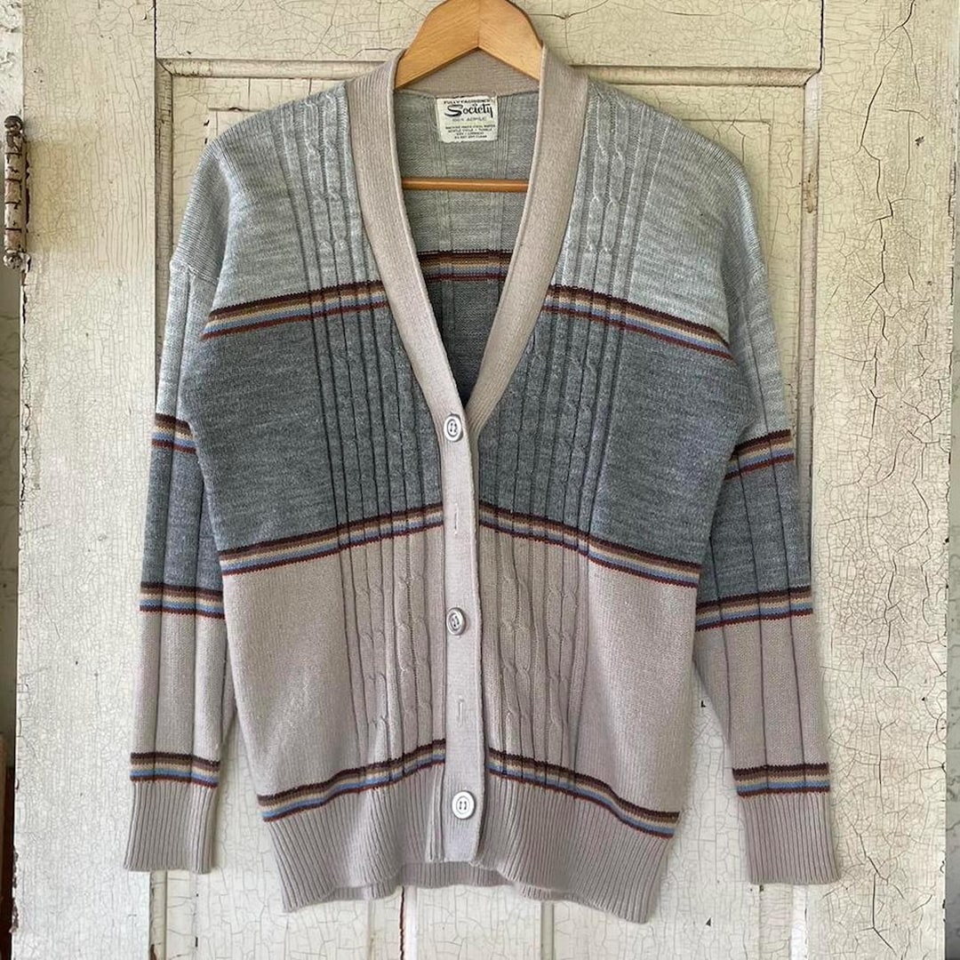 Vintage 70s Cable Knit Striped Cardigan - Etsy