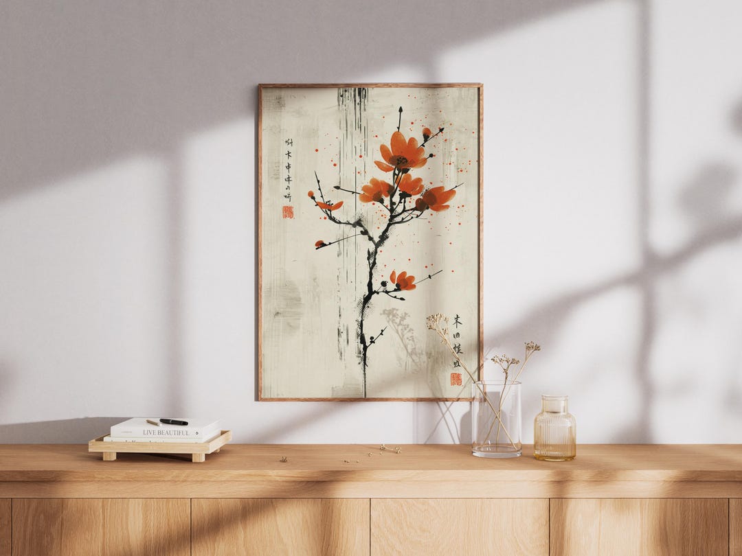 Japanese Ink Flower Print – Wabi-sabi Botanical Japandi Art (digital ...