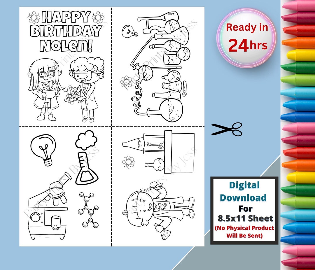 Custom CUTOUT Science Party Favors Coloring Sheets Digital Download DIY ...