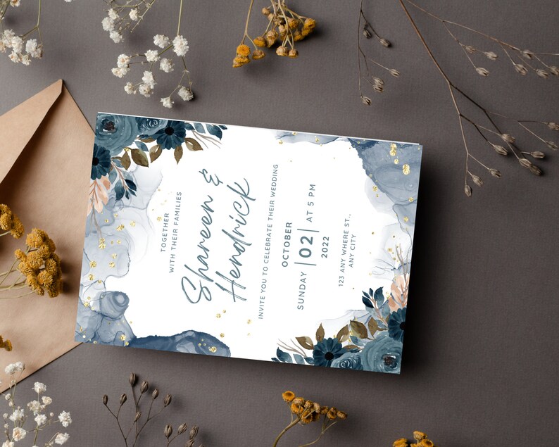 Wedding Invitation Navy Alcoholic Ink Floral Background | Save the Date ...