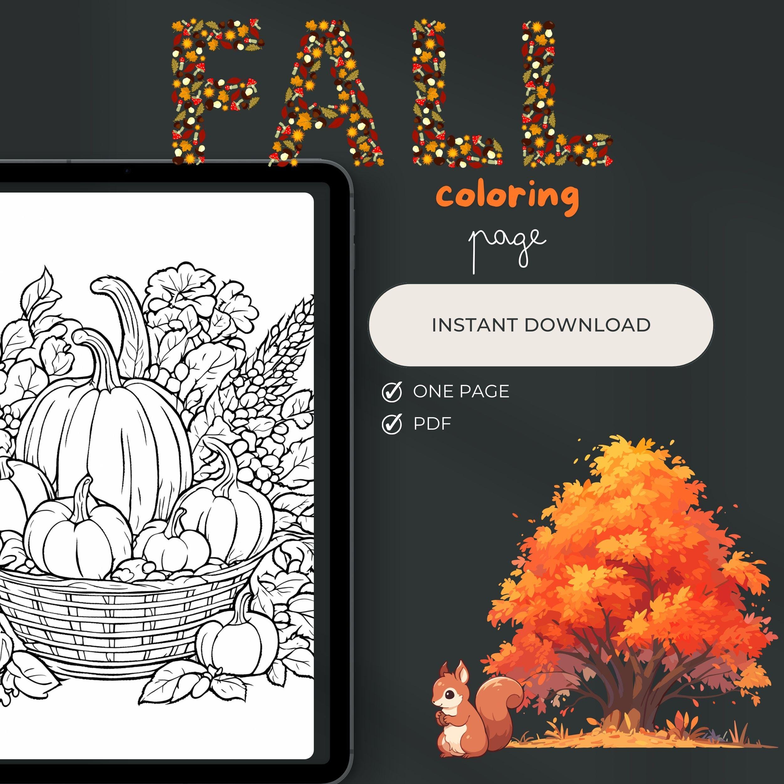 Fall Pumpkin and Leaves Coloring Page | Autumn Printable | Instant ...
