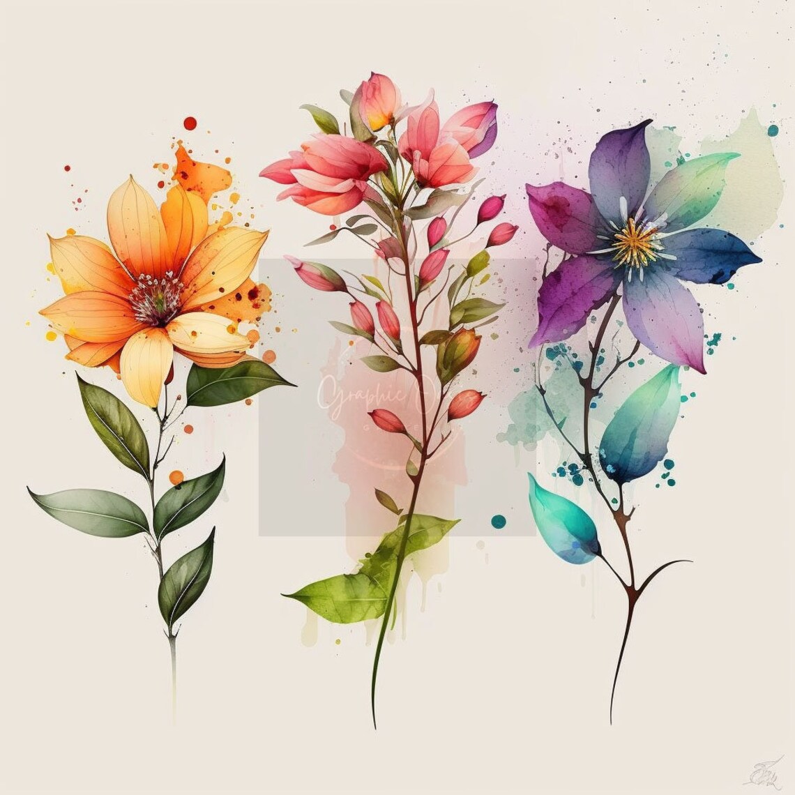 Watercolor Flowers Clipart, 40 Png, Floral Clipart, Hand-painted ...