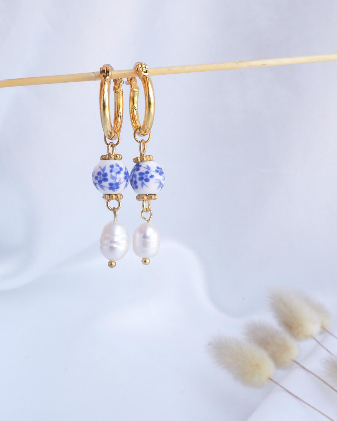 Gold or Silver Portuguese Azulejo Pearl Hoop Earrings, Blue Ceramic ...