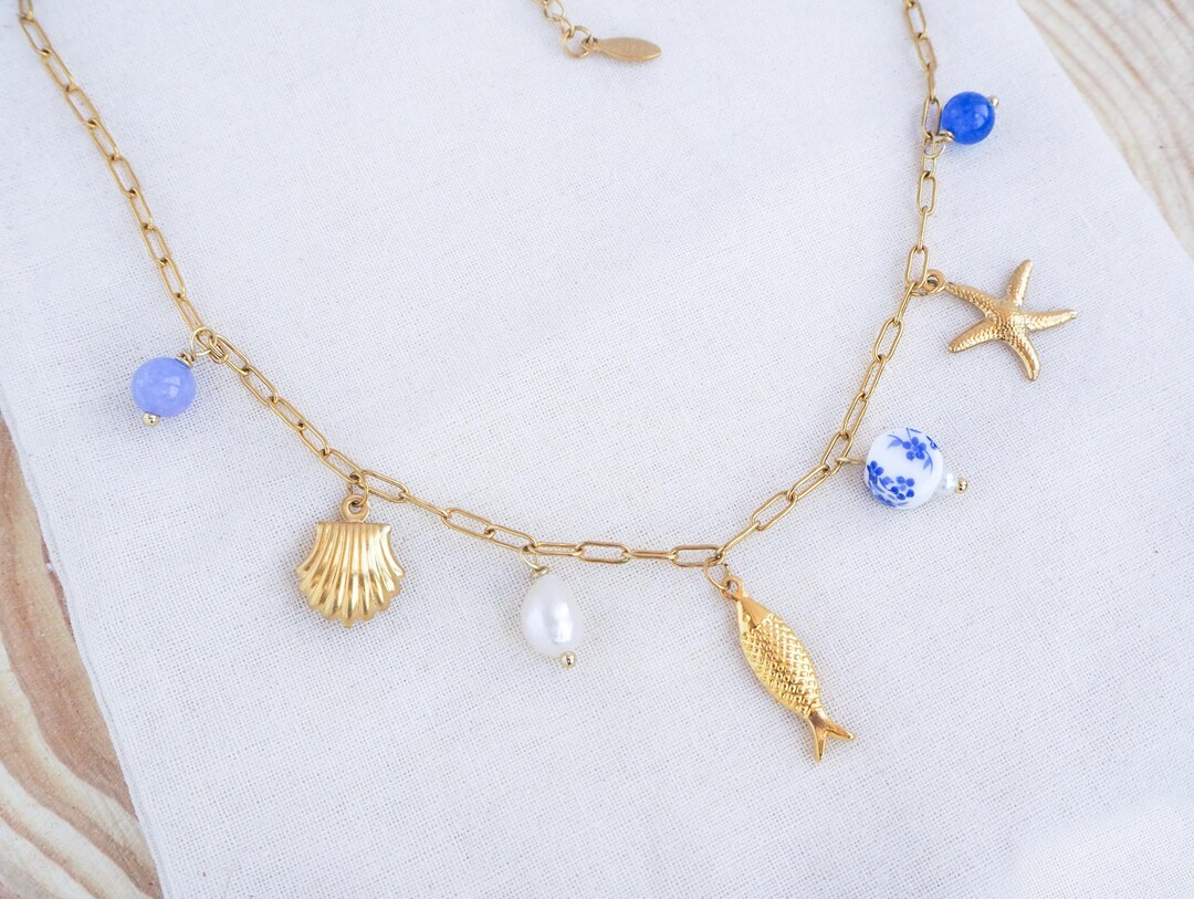 Portuguese Sardine Fish Charm Necklace, Freshwater Pearl, Azulejo ...