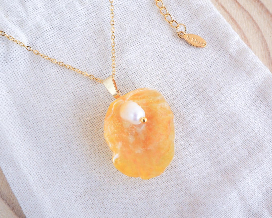 Gold Yellow Jingle Shell Necklace With Freshwater Pearl, Handpicked ...