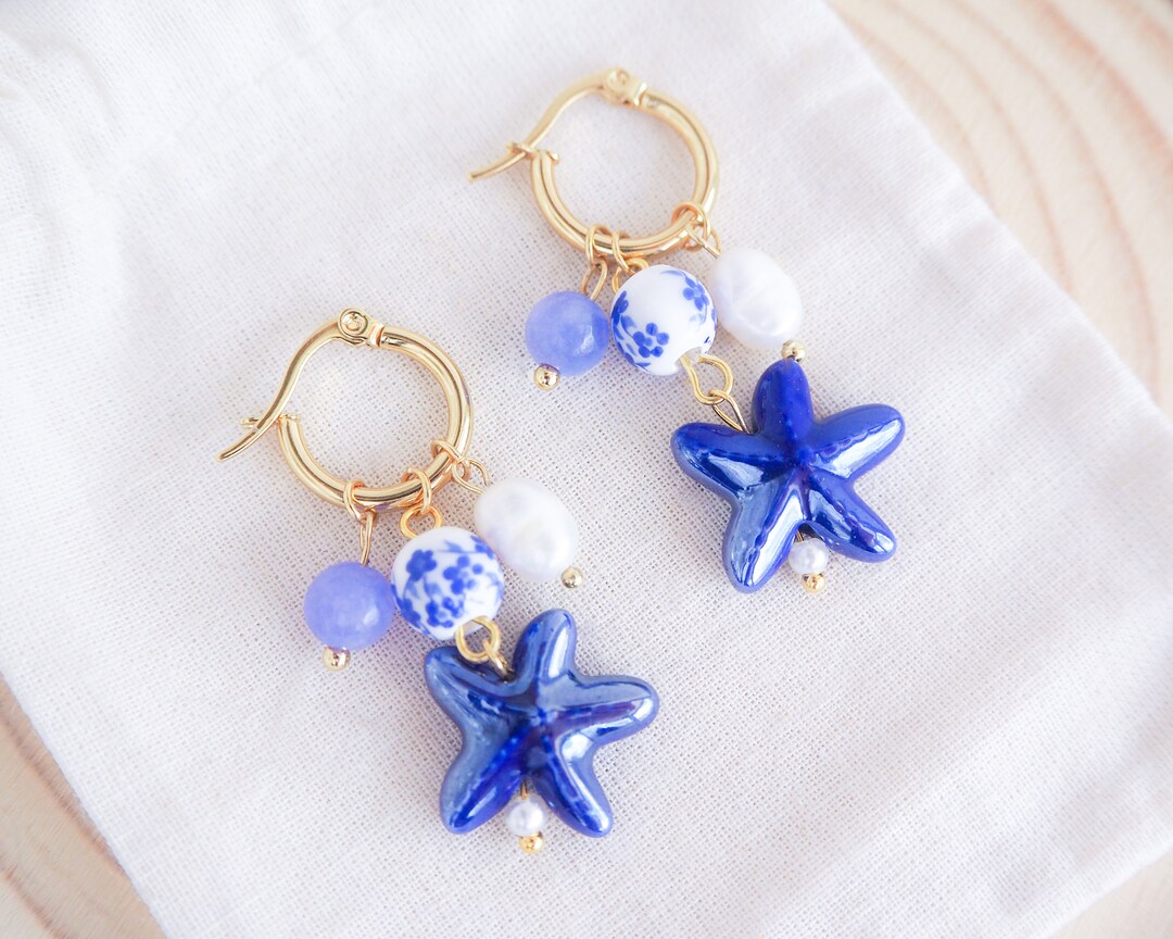 Sea Star Starfish Gold Earrings With Azulejo Tile Beads, Freshwater ...