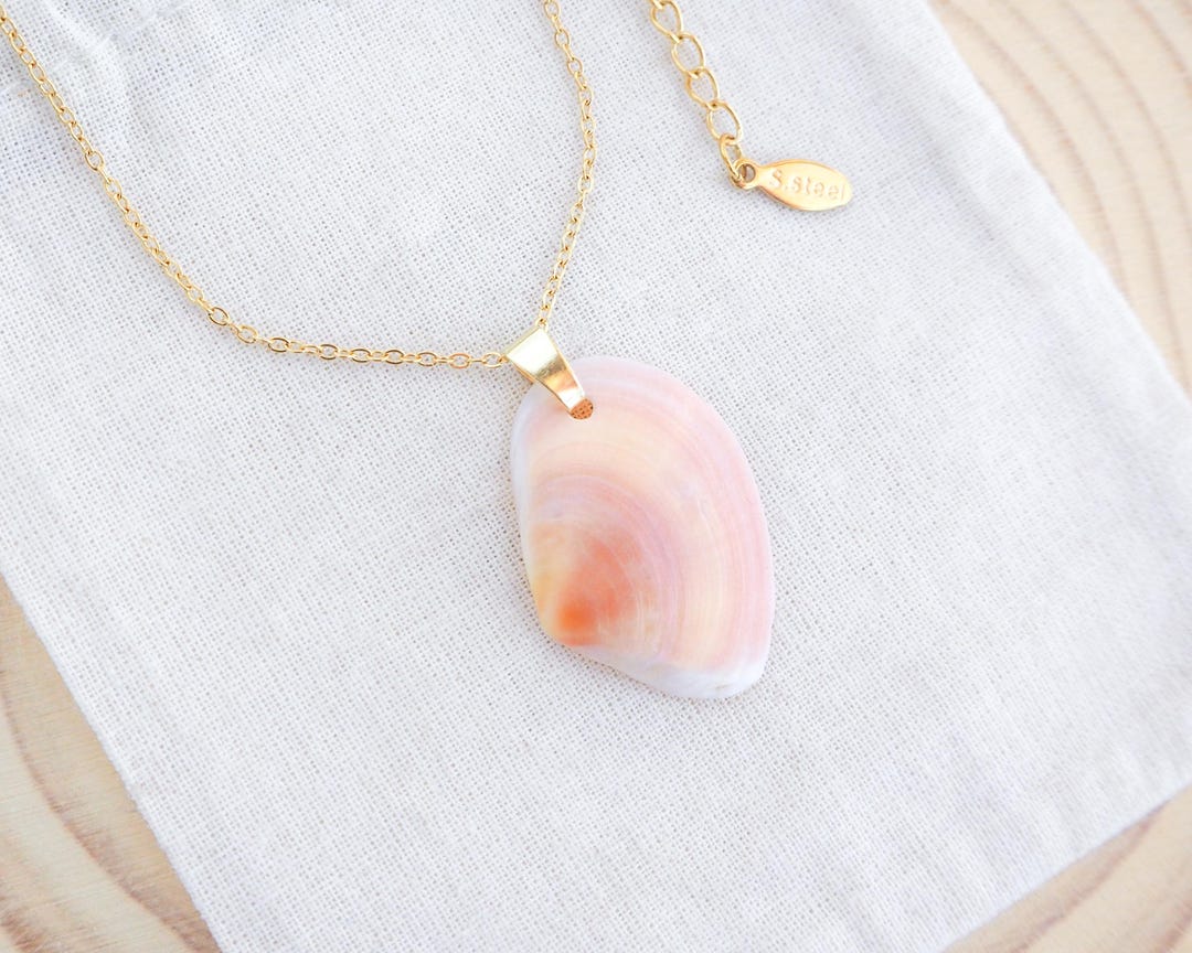 Coral Thin Tellin Shell Gold Necklace, Coral Pink Shell Handpicked From ...