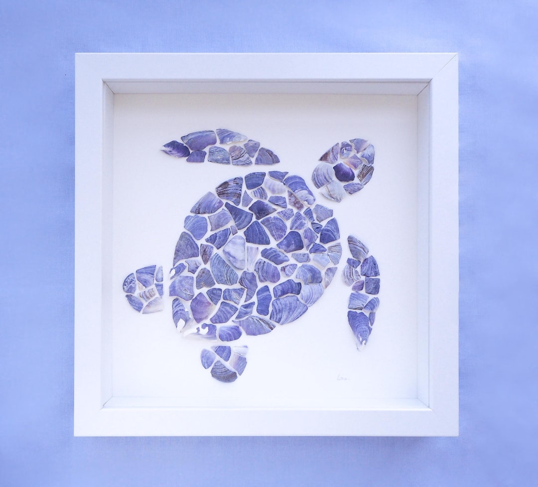 Seashell Turtle Wall Artwork - Turtle Shell Art - Handcrafted With Blue ...