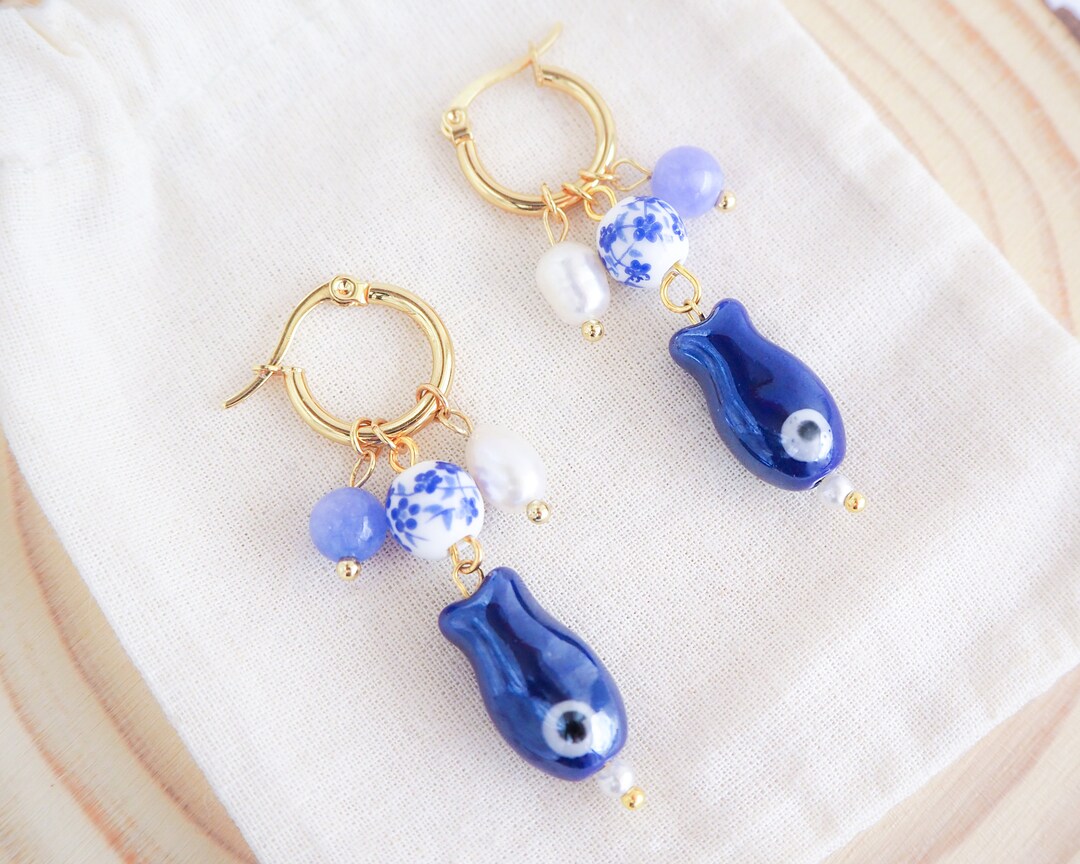 Portuguese Blue Sardine Fish Gold Earrings With Azulejo Tile Bead ...