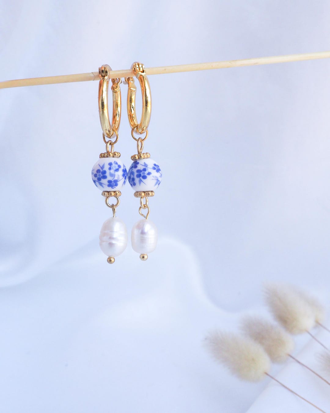 Gold or Silver Portuguese Azulejo Pearl Hoop Earrings - Blue Ceramic ...