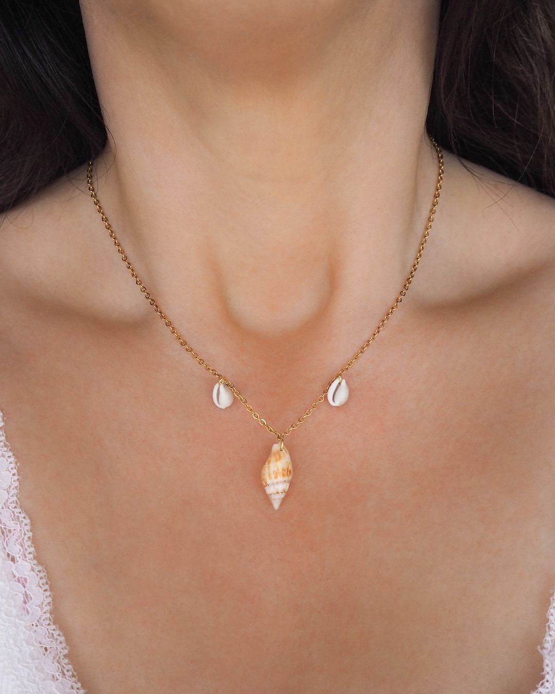Gold Real Seashell Necklace With Two Cowrie Shells and a Rustic Dove ...