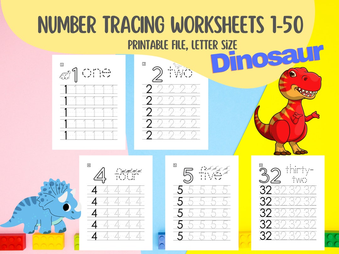 50 DINOSAUR THEME Number Tracing Worksheets, Traceable Numbers, 1-50 ...