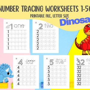 50 DINOSAUR THEME Number Tracing Worksheets, Traceable Numbers, 1-50 ...