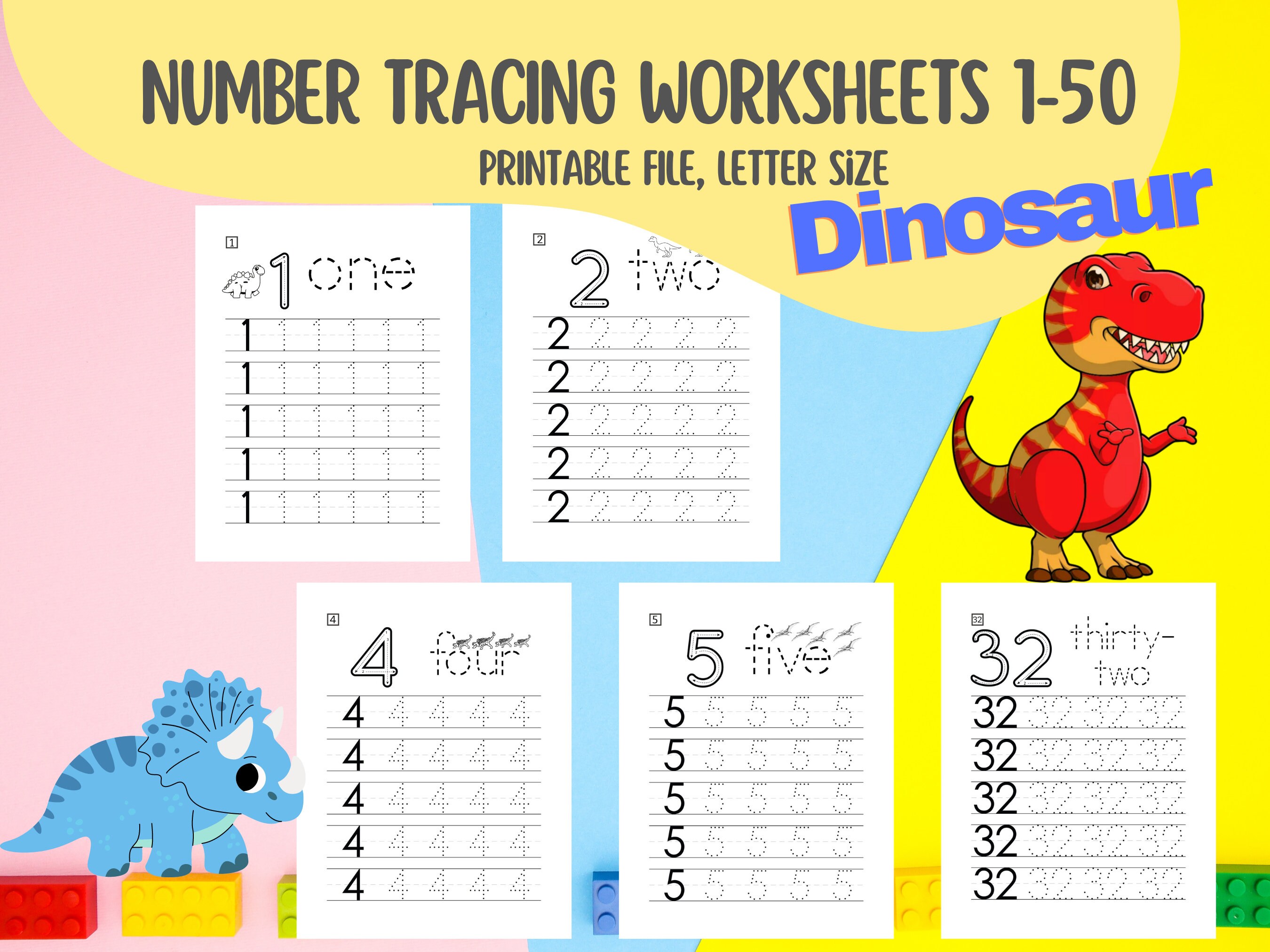 50 DINOSAUR THEME Number Tracing Worksheets, Traceable Numbers, 1-50 ...