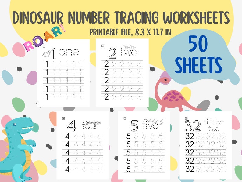 50 Number Tracing Worksheets DINOSAUR THEME Traceable - Etsy