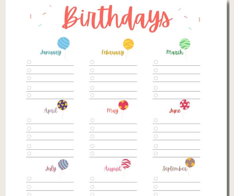Birthday Tracker Printable Template Birthday Planner Printable ...