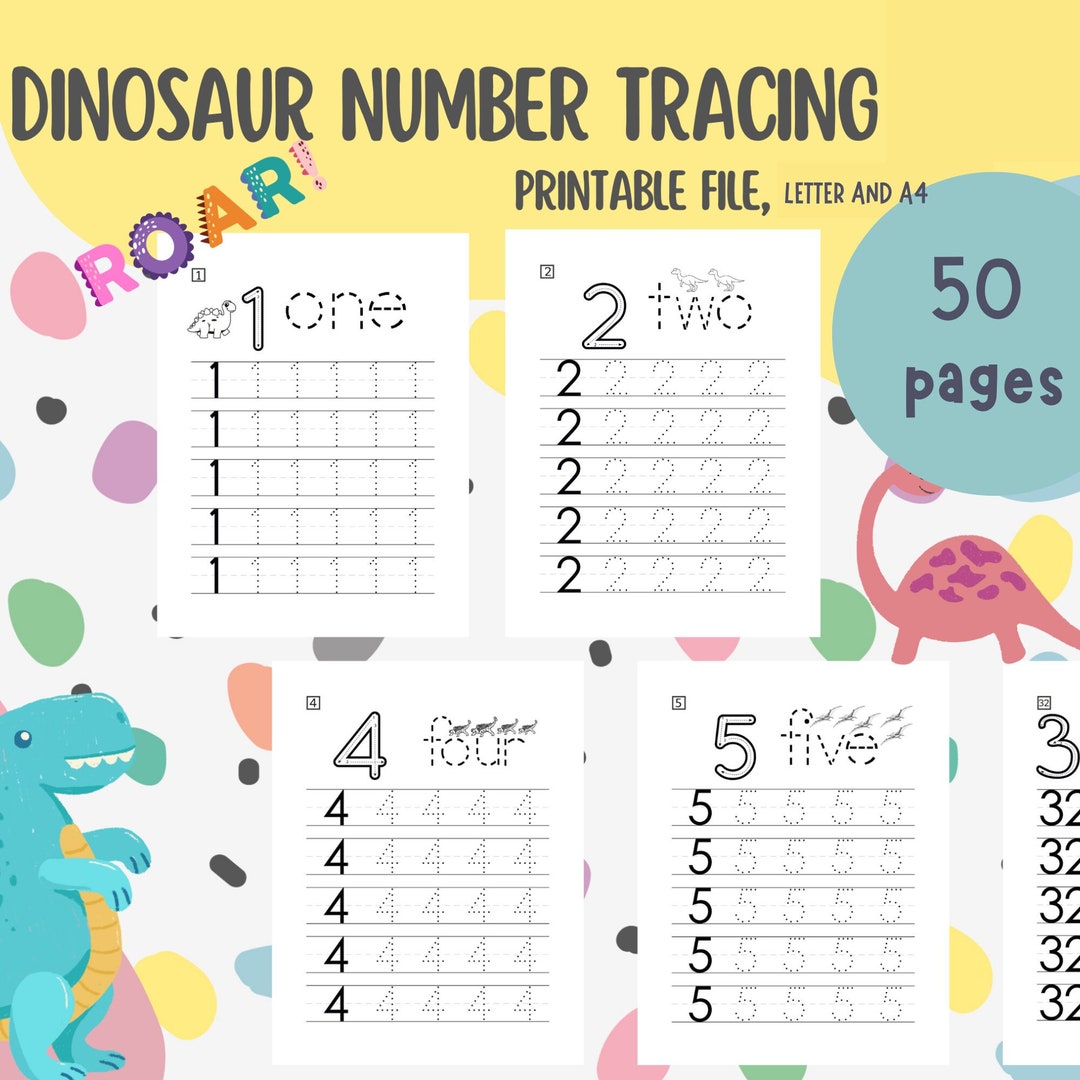 50 Number Tracing Worksheets, DINOSAUR THEME Traceable Numbers, 1-50 ...