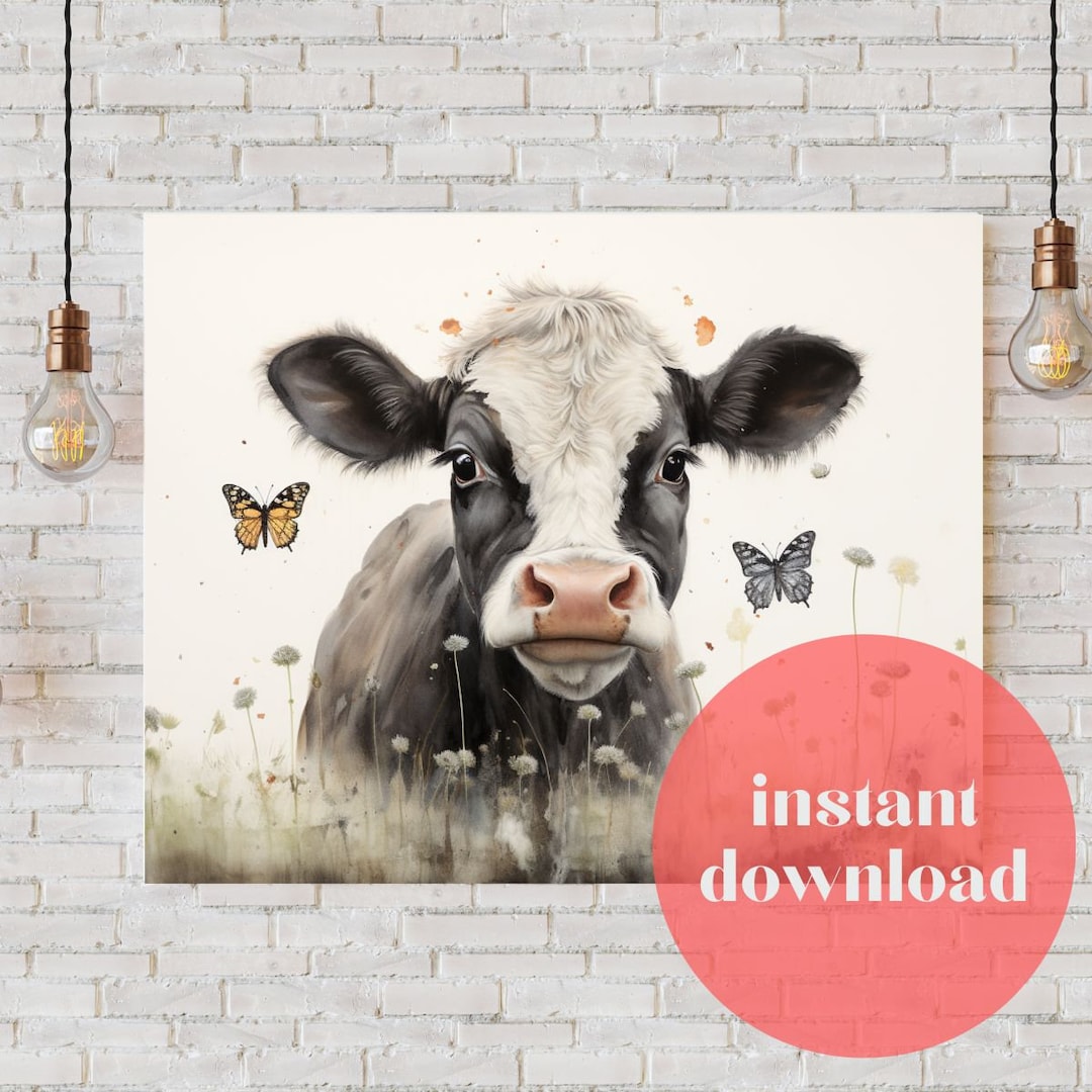 Cute Baby Dairy Cow Watercolor With Butterflies - Printable - Cute Farm ...