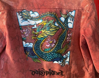 Vintage Faux Leather Jacket With Custom Painted Asian Golden Dragon for ...