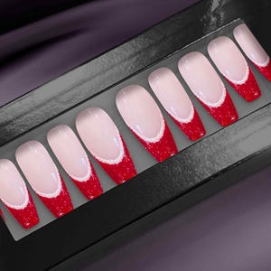 Red French Tip Nails With Snowy Trim Christmas-inspired Press-ons for ...