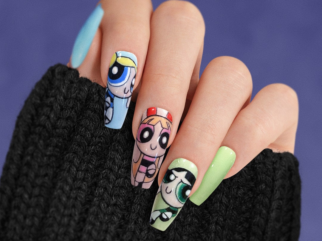 Powerpuff Girls Press-on Nails Anime-kawaii-manga Nails Custom Fake ...