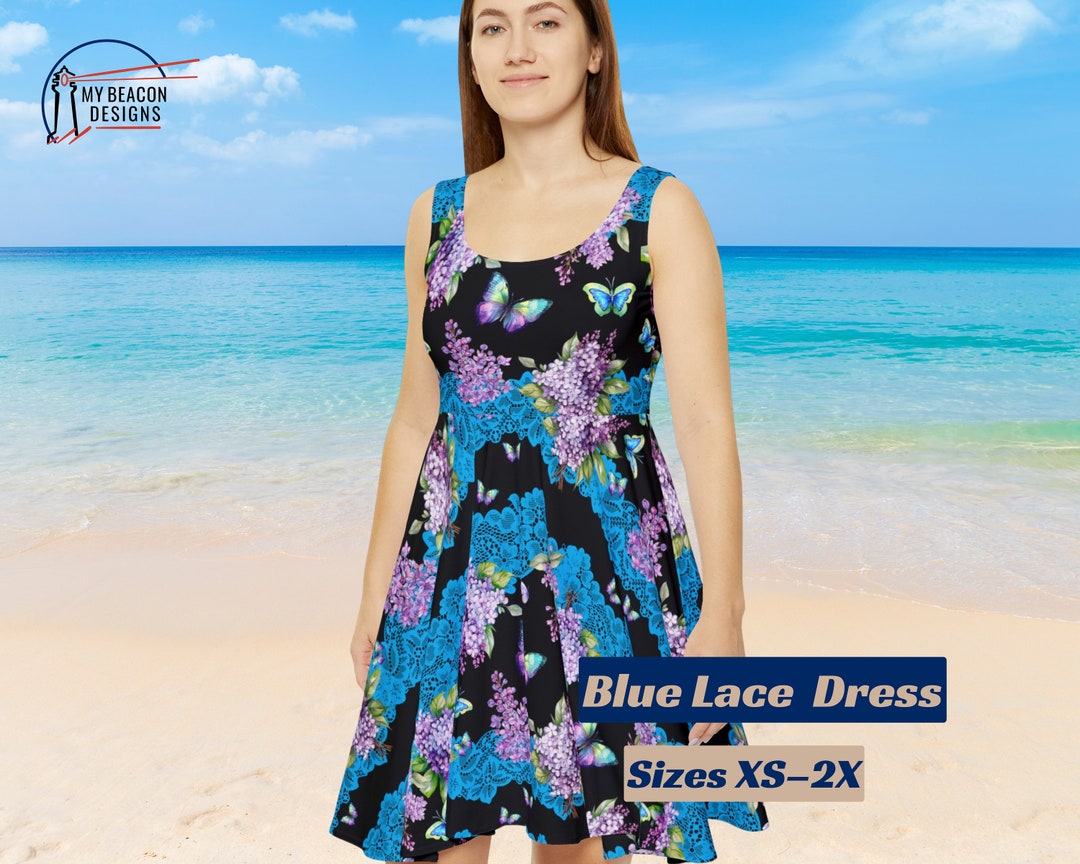 Vivid Butterfly Flower Lilac Blue Lace Women's Flare Dress Mothers Day ...